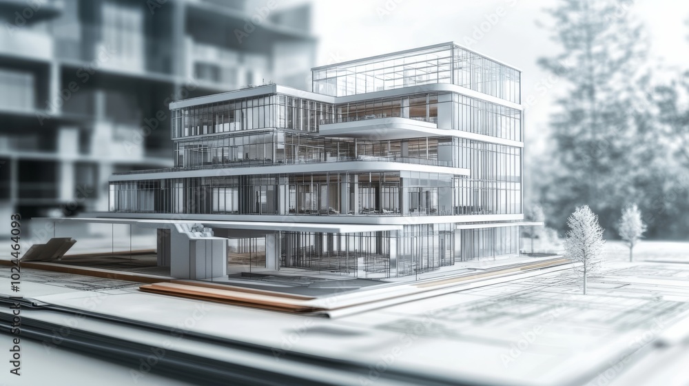 A detailed architectural model showcasing a modern multi-story building ...