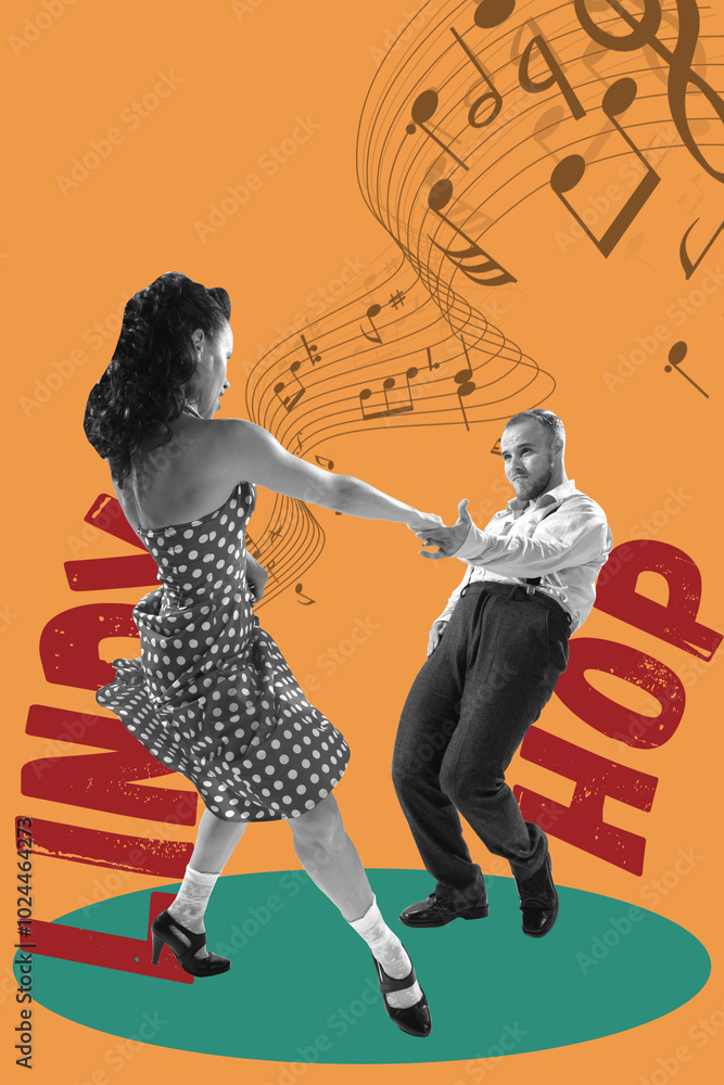 Dynamic couple, man and woman energetically dancing lindy hop on orange ...