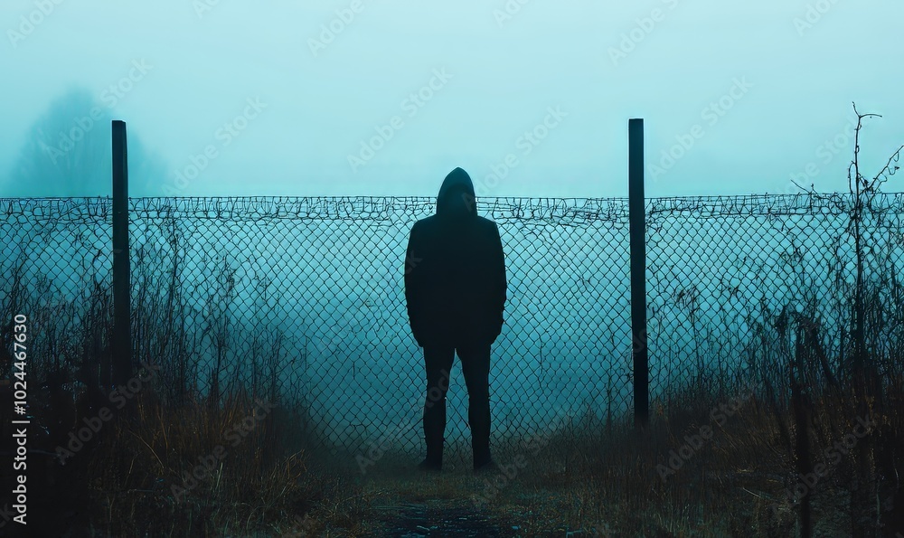 Foto de Silhouette of Sad Man Behind Fence in Foggy Setting, Mental ...