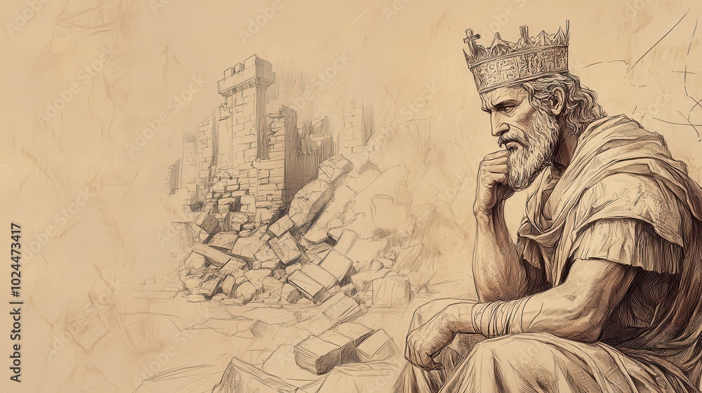 A vision of a king kneeling in the ruins of his palace his face a mix ...