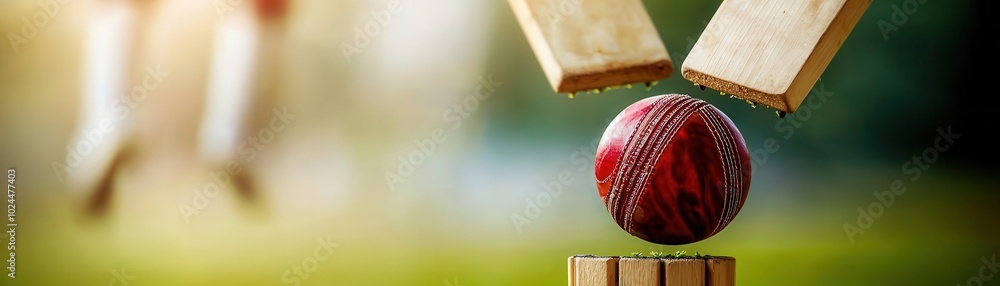 A cricket ball is knocked off the stumps as the bails fly into the air ...