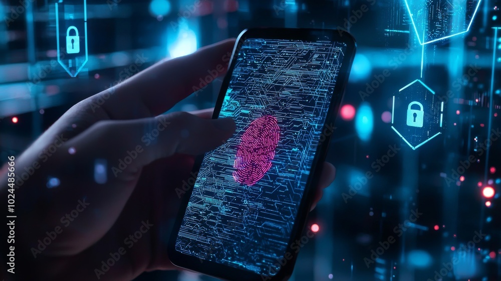 Mobile device displaying a fingerprint scan, secure biometric ...