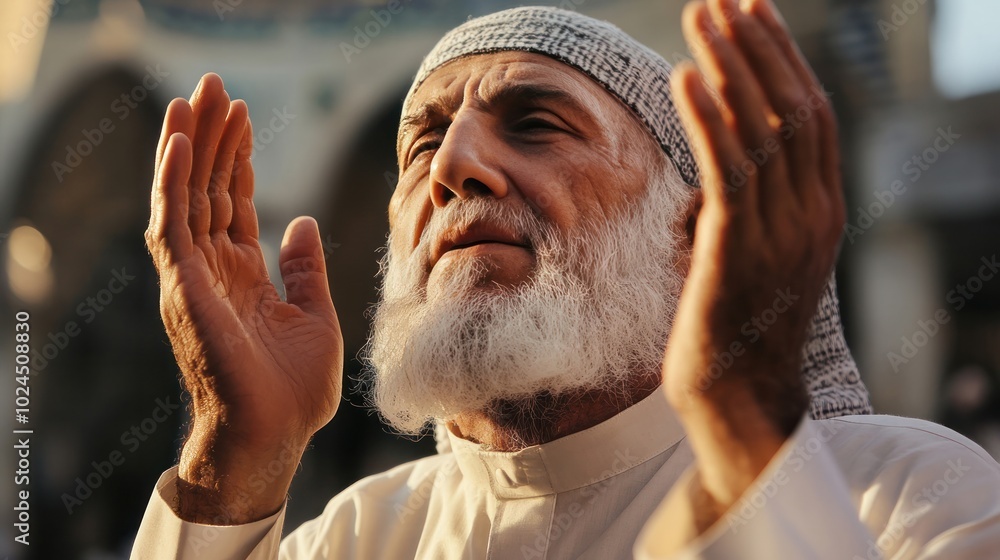 Old man in Islam during pilgrimage, with hands raised in prayer Stock ...