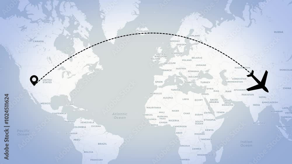 Airplane flight path animation on World map. Travel around the white ...
