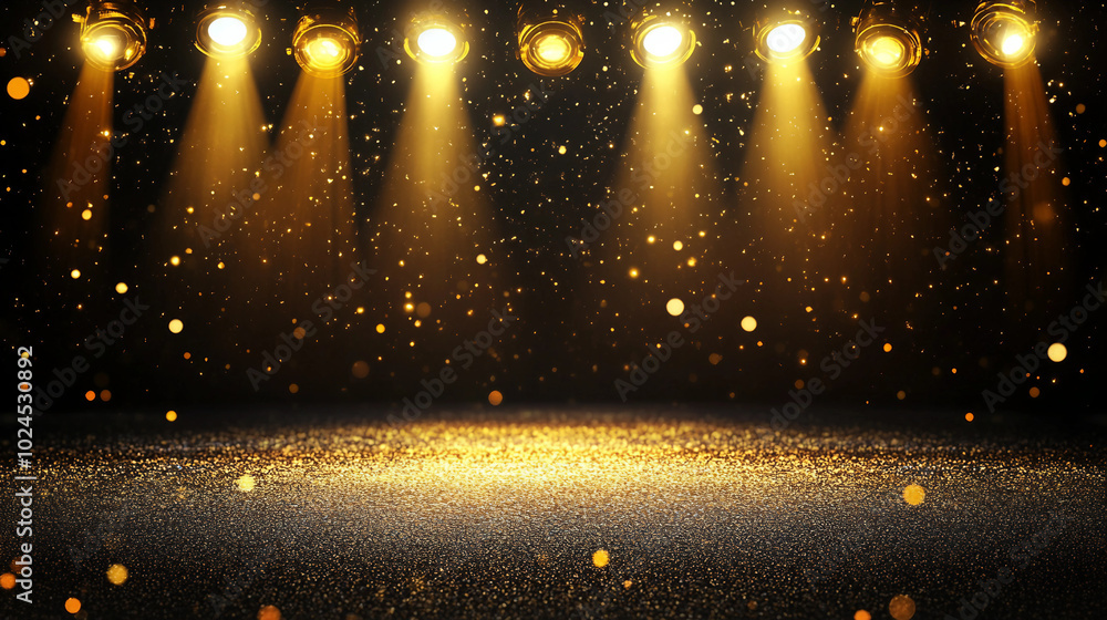 show case stage with gold spotlights shimmering shining on stage with ...