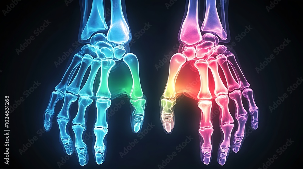 Detailed X-ray of finger joints, pain regions marked with glowing green ...