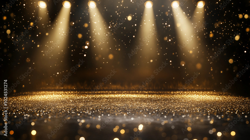 show case stage with gold spotlights shimmering shining on stage with ...
