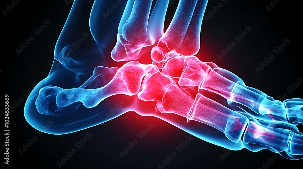 Detailed X-ray of toe joints, pain areas marked with vivid deep red ...