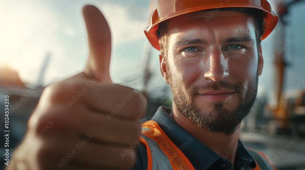 Confident construction worker in safety equipment giving a positive ...