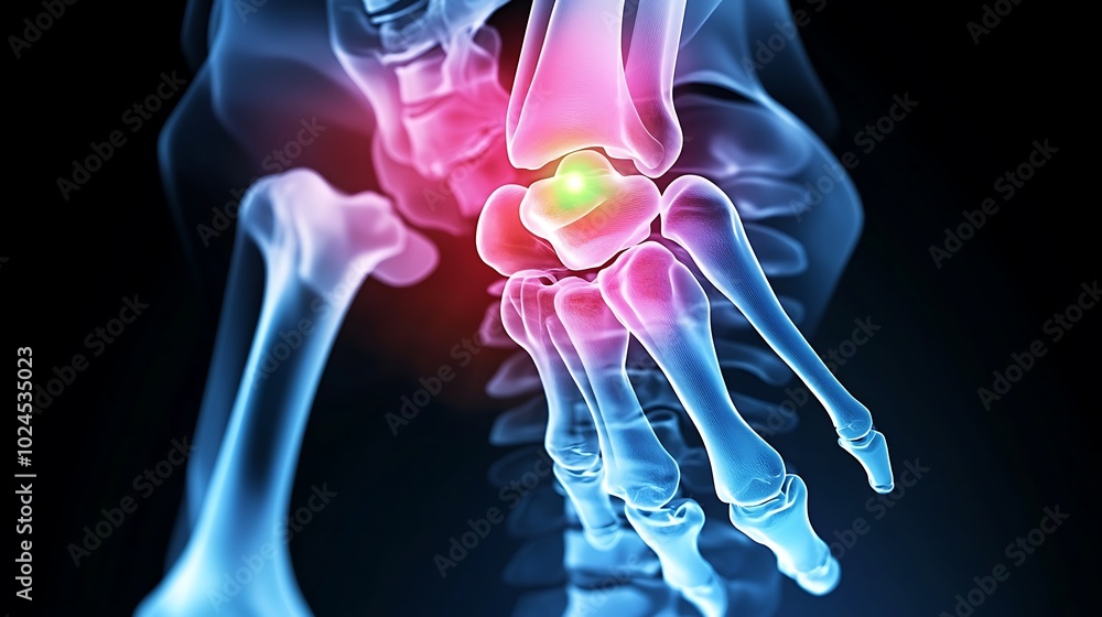Finger joint X-ray, pain areas depicted with bright green glow ...
