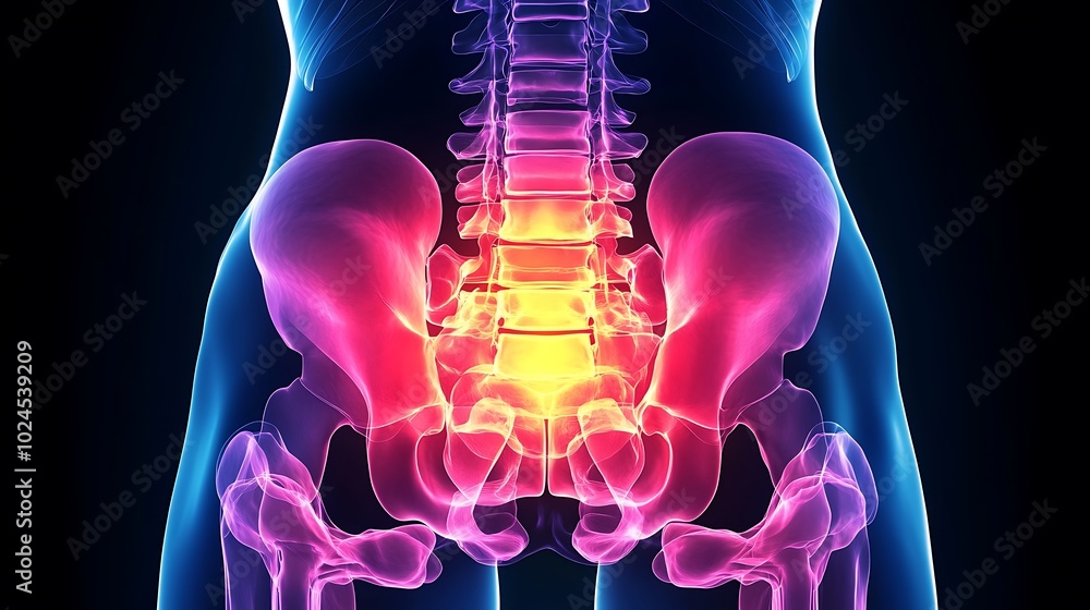Lower back vertebrae X-ray, pain area depicted with bright blue light ...