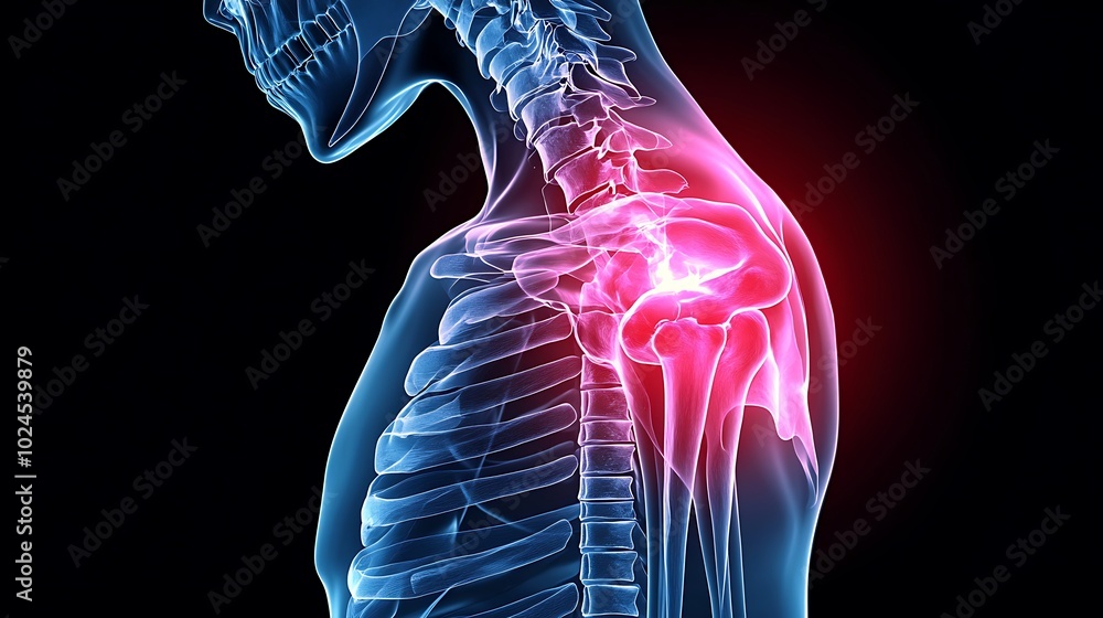 Neck joint X-ray, pain area depicted with bright red glow, realistic ...