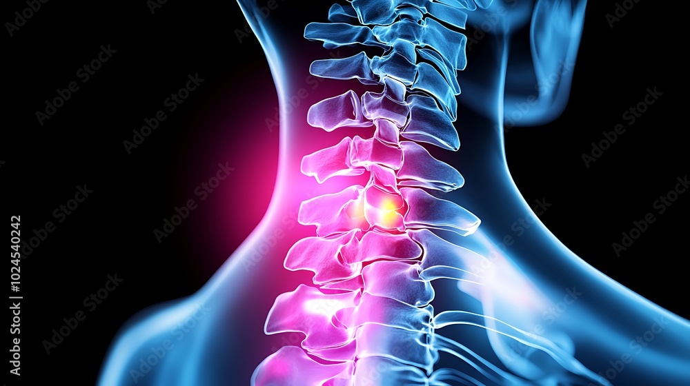 Neck joint X-ray, pain area depicted with intense purple light ...