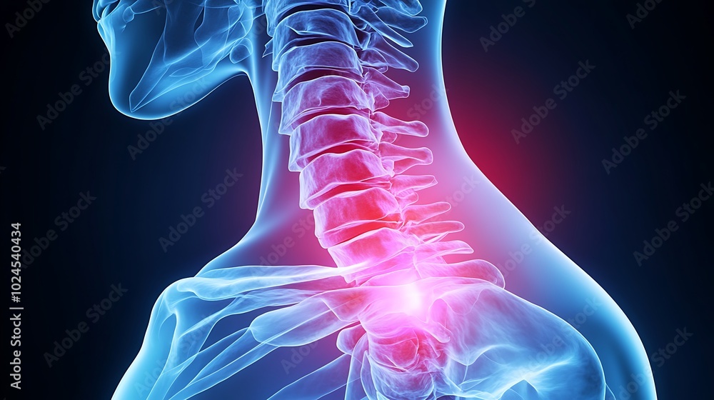 Neck joint X-ray, pain area depicted with intense purple light ...
