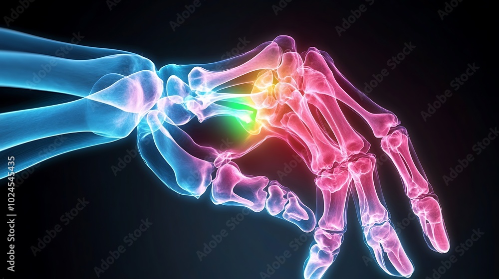 X-ray of finger joints, pain areas highlighted in bright green glow ...