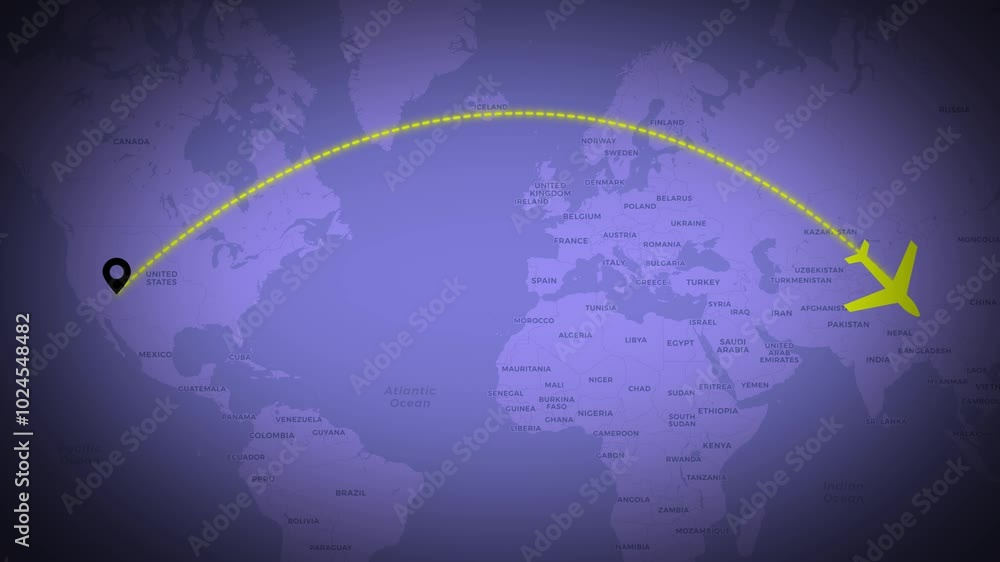 Airplane flight path animation on World map. Travel around the blue world plane route. Motion ...