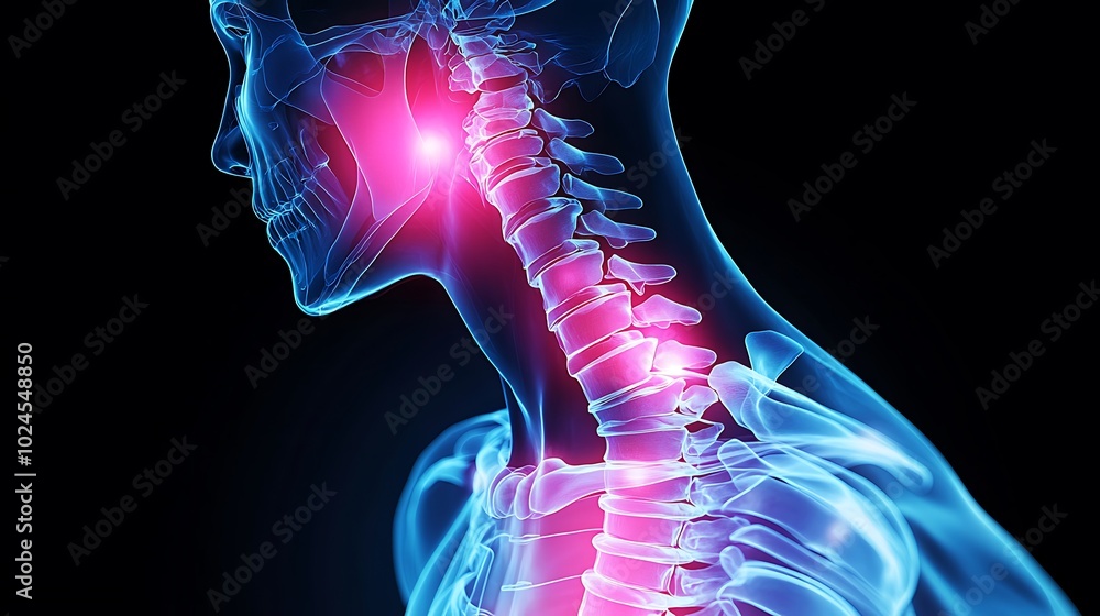 X-ray of neck joint, pain region highlighted with bright purple glow ...