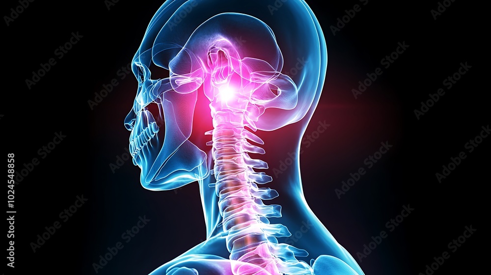 X-ray of neck joint, pain region highlighted with bright purple glow ...