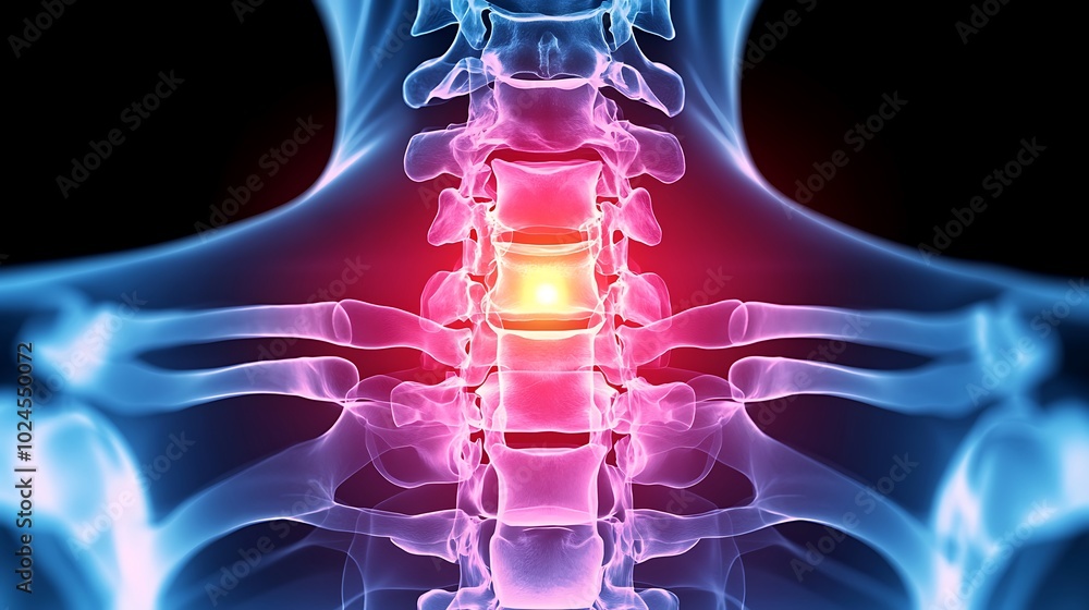 X-ray of neck joint, pain region highlighted with vivid red glow ...