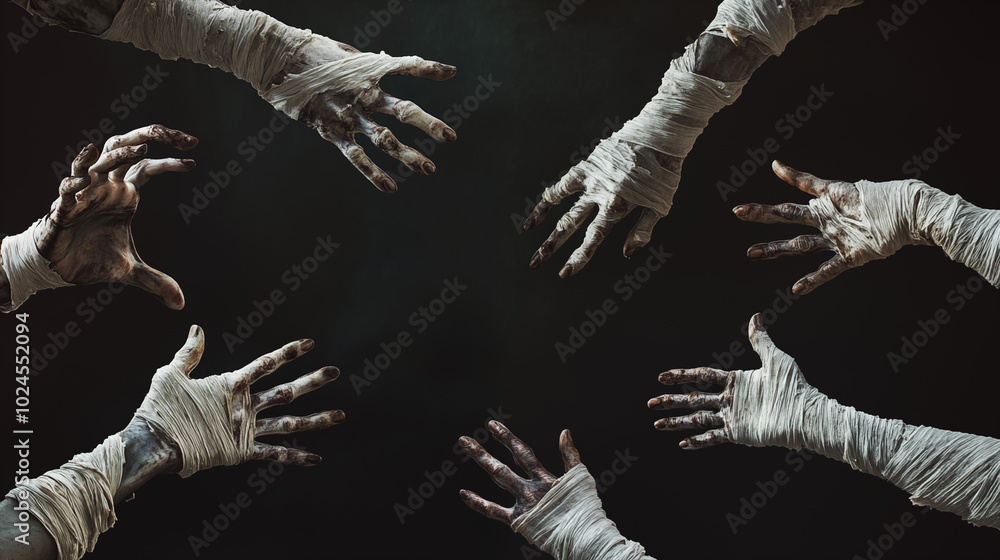 Halloween concept, with isolated hands wrapped in bandages against a ...