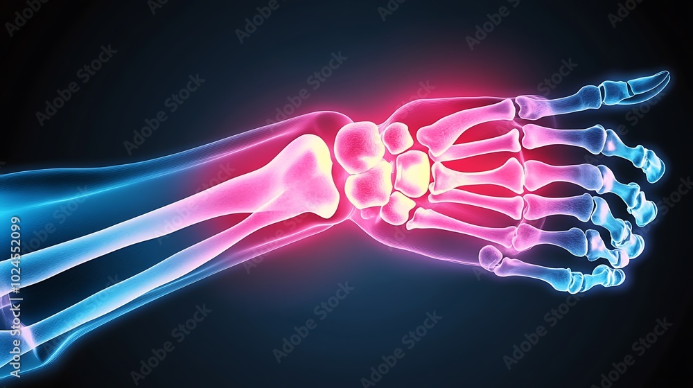X-ray of wrist joint, pain zones highlighted with bright pink gradient ...