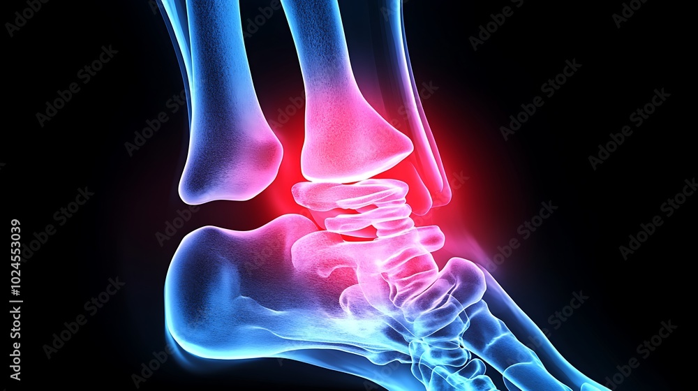 Ankle joint X-ray, pain area depicted with a vivid red glow, clear bone ...
