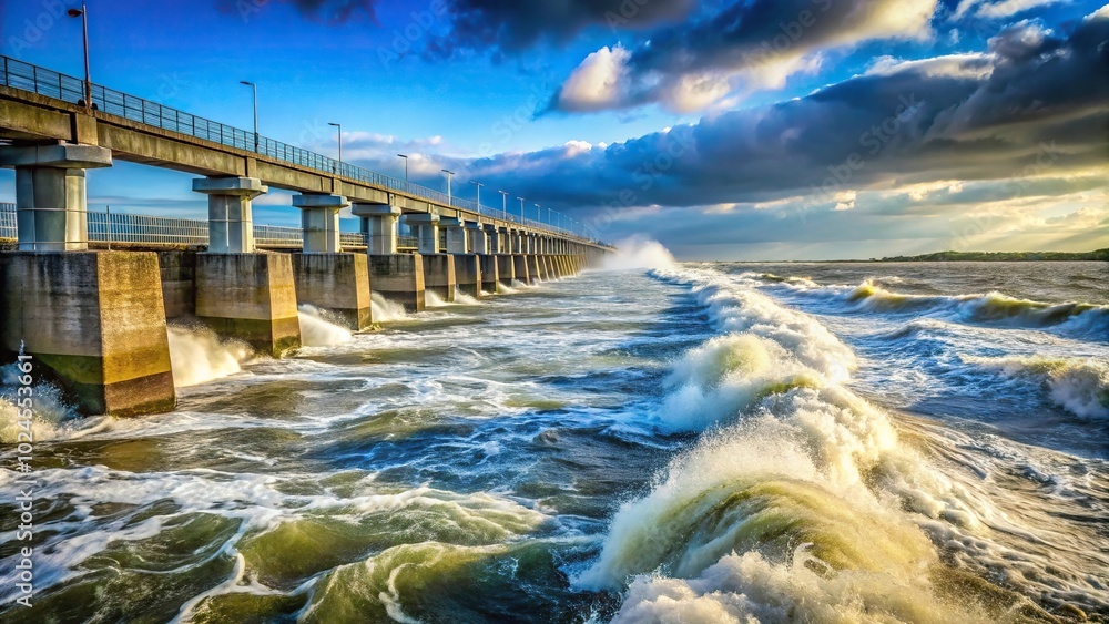 Storm surge barrier protecting coastline from sea water rushing in ...