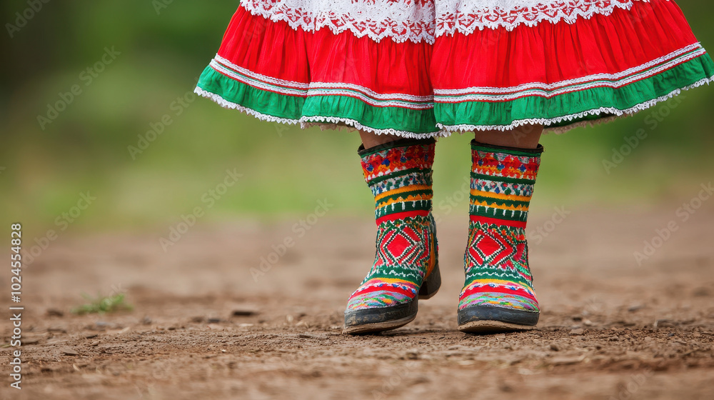 Dancers feet in folkloric shoes, showcasing vibrant patterns and colors ...