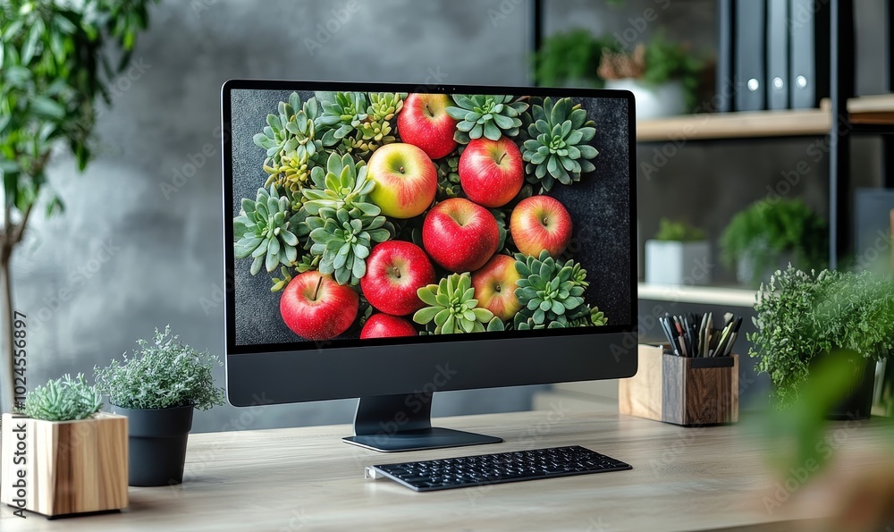 Modern office workspace with stylish computer monitor displaying nature ...
