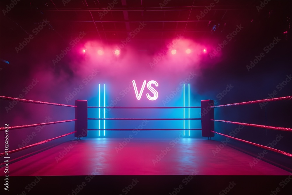 empty boxing ring with the word "VS" in lights between two columns on ...
