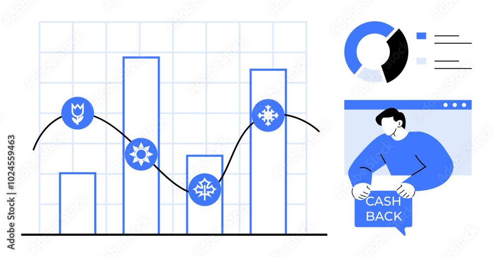 Bar graph with seasonal symbols and line graph, pie chart and person ...