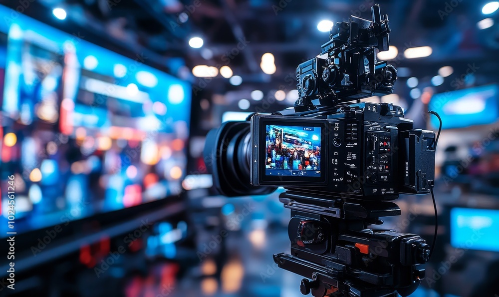 Professional TV Camera Standing in Live News Studio with Anchor seen in ...