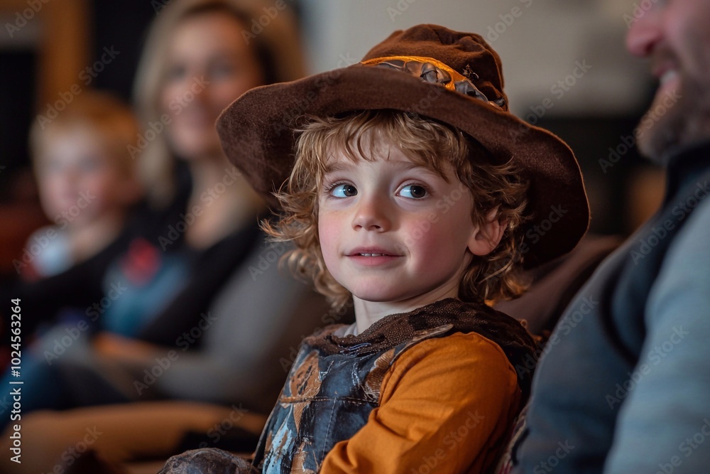 A child in the costume of an actor from a fairy tale, a cowboy sits on ...