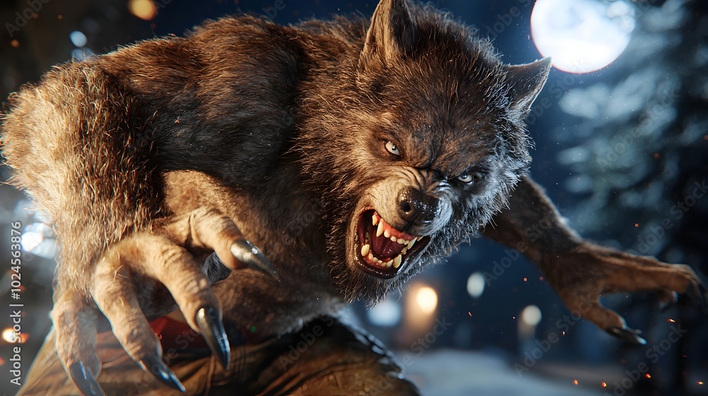 A fierce werewolf in the midst of a supernatural transformation baring ...