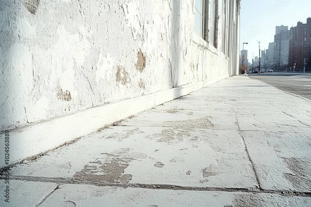 urban street scene featuring long concrete wall with white plaster ...