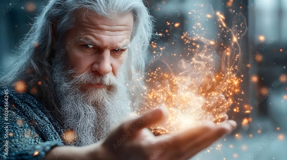 Powerful wizard in long robe casting a mystical spell with magical ...