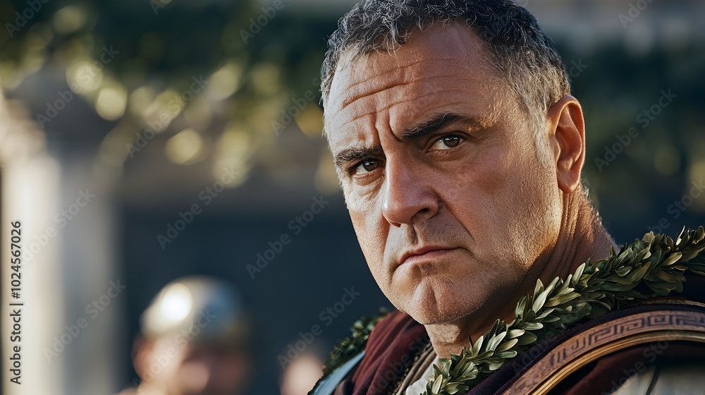 Close up portrait of a serious and solemn Roman senator wearing a ...