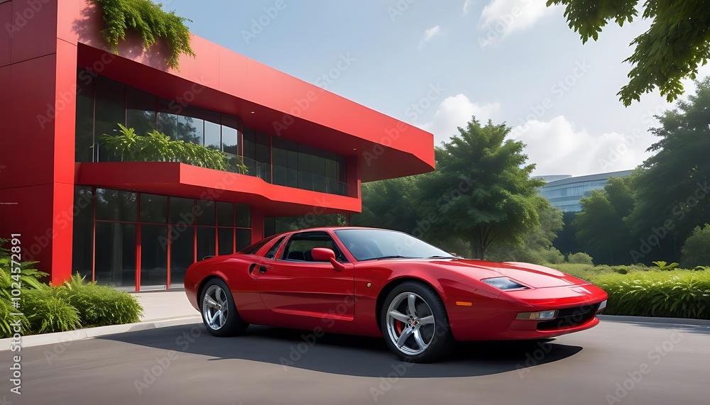 A modern futuristic red house with curved walls and a luxury red car ...