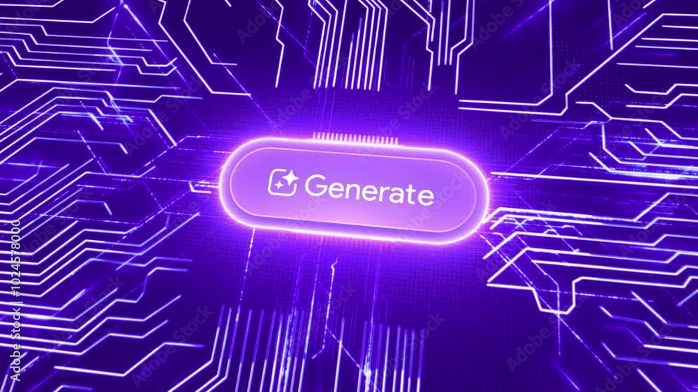 Generate AI microchip animation: Digital button with circuit board ...