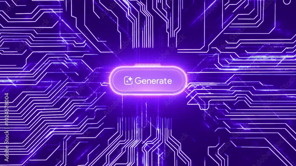 AI button click animation. Generate button, showing circuit pathways ...