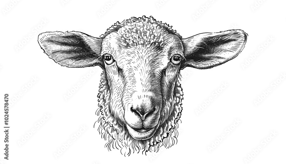 Sheep, lamb. Vintage retro print, black white sheep lamb sketch ink ...