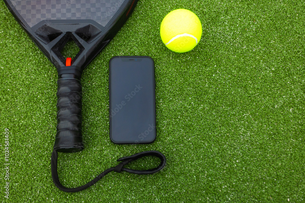 Padel tennis racket and mobile phone. Background with copy space for ...