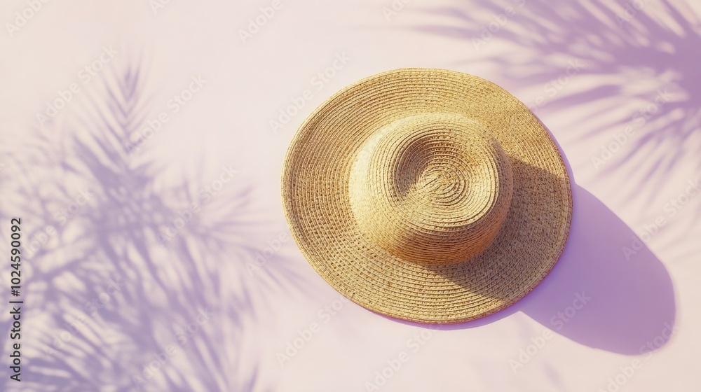 Summery straw hat lying flat on a pastel lilac backdrop, soft shadows ...