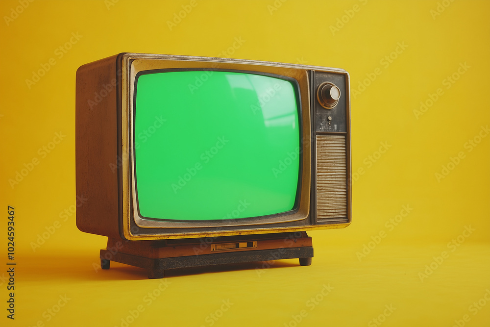 A green television is on a yellow background. The television is old and ...