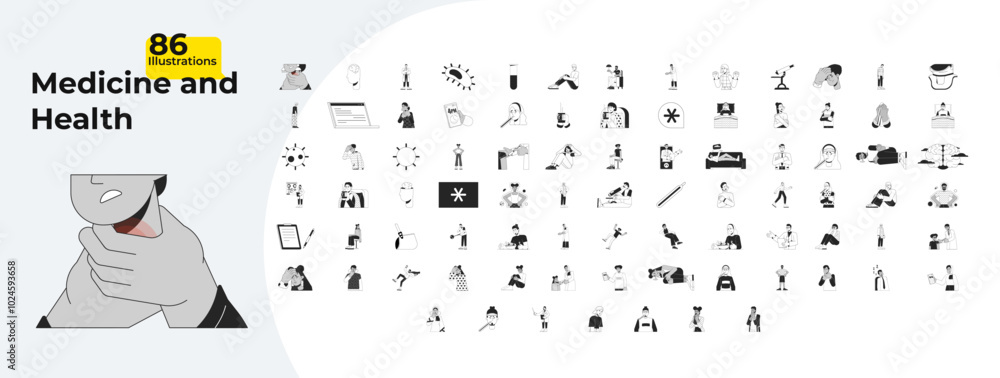 Medicine and health outline illustrations mega bundle. E doctor. SAD ...