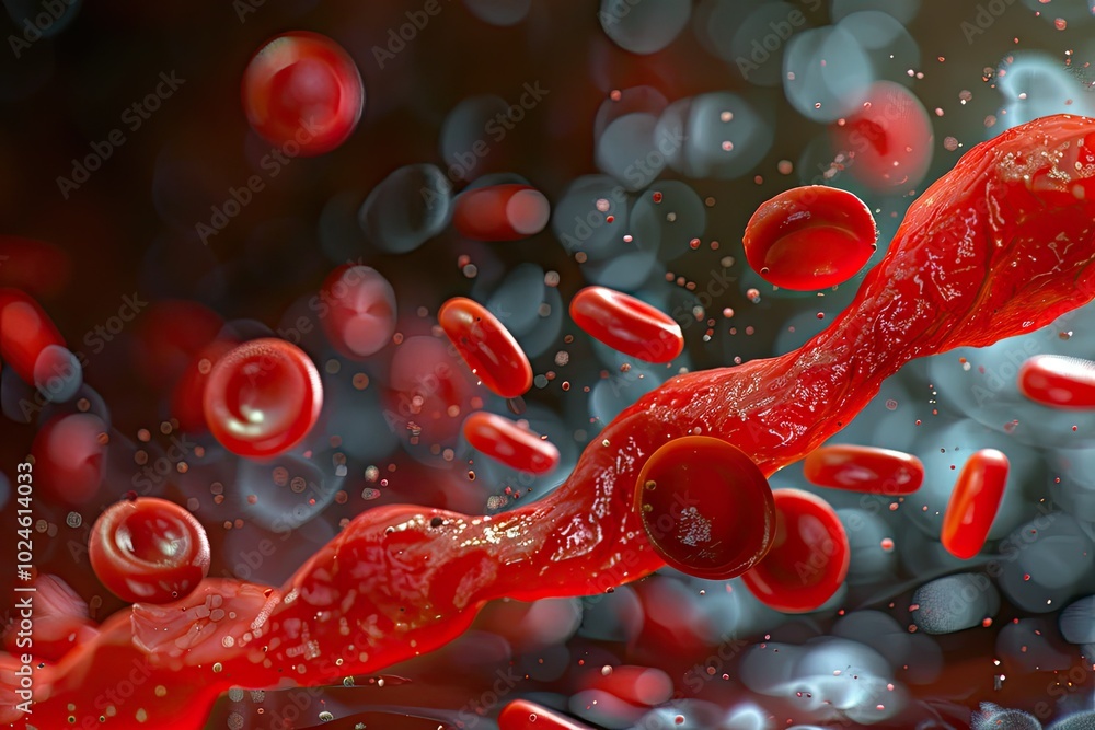 Blood cells floating through a plasma-filled vessel with reflections ...