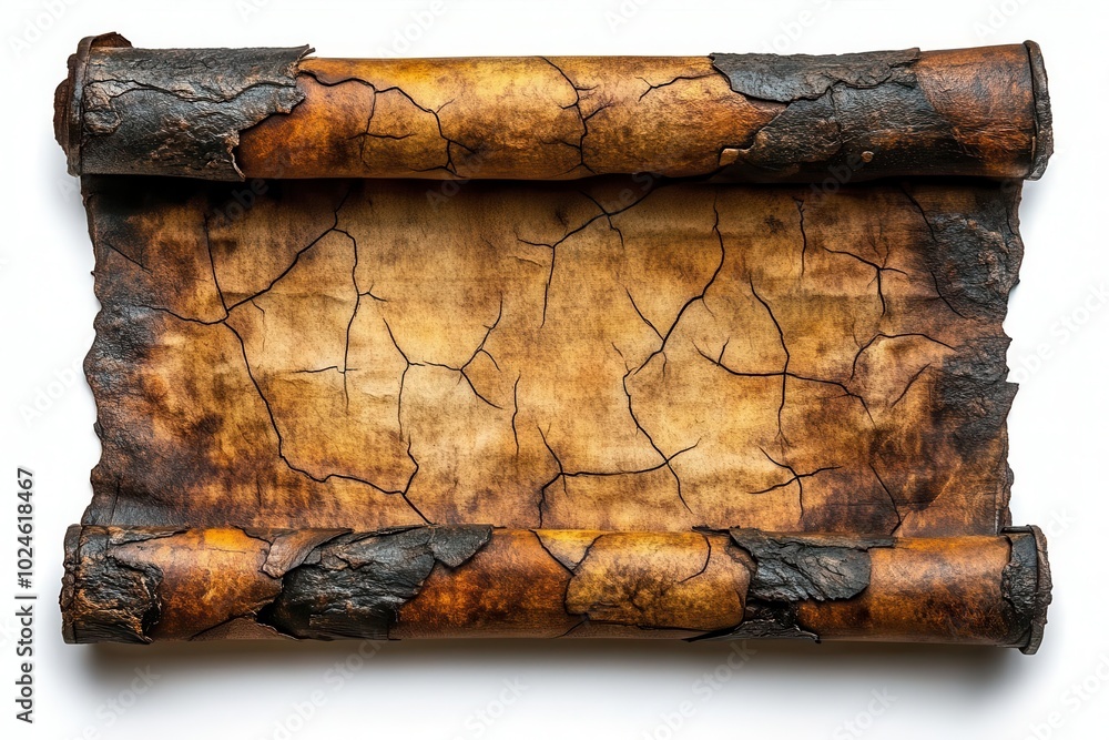 weathered parchment scroll unfurled against transparent background detailed texture and edges ...