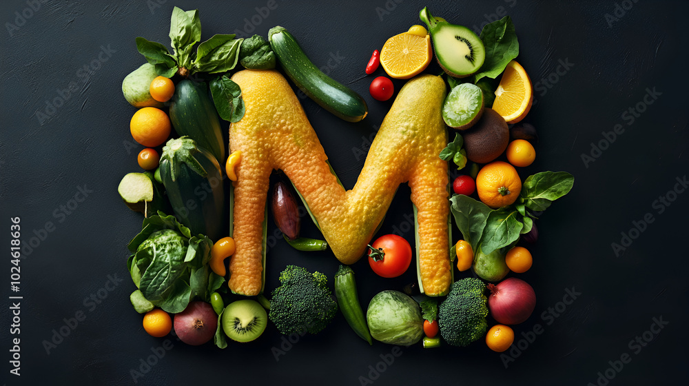 Food font letter M on the mix background,A large assortment of fruits ...