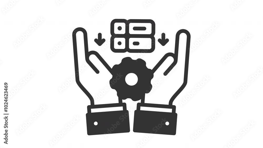 Animated data gathering with person holding gearwheel and server in the ...