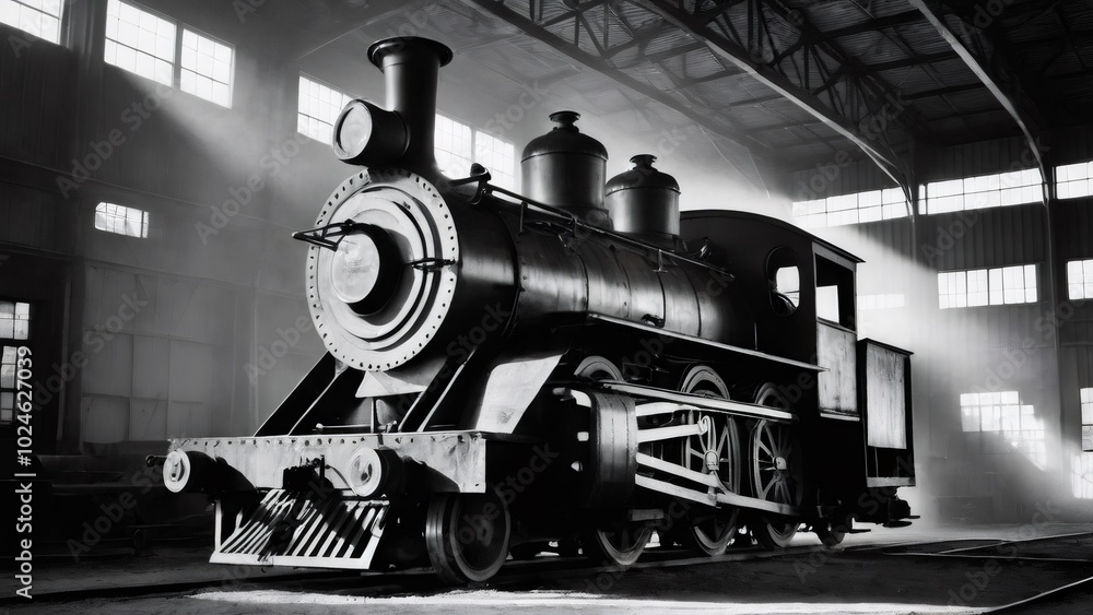 Vintage Steam Locomotive in Industrial Warehouse: A classic black-and ...